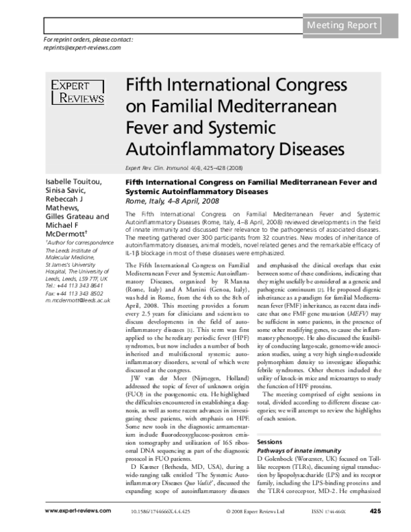 (PDF) Fifth International Congress on Familial Mediterranean Fever and Systemic Autoinflammatory ...