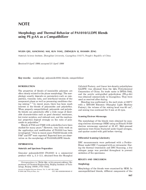 (PDF) Morphology and thermal behavior of PA1010/LLDPE blends using PE-g ...