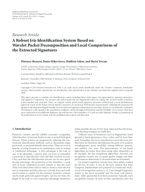(PDF) A Robust Iris Identification System Based on Wavelet Packet Decomposition and Local ...