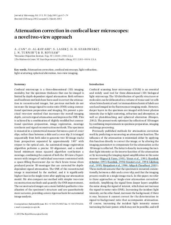 (PDF) Attenuation correction in confocal laser microscopes: a novel two-view approach