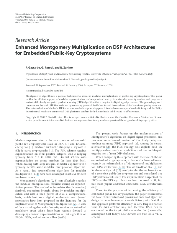 Pdf Enhanced Montgomery Multiplication On Dsp Architectures For Embedded Public Key Cryptosystems