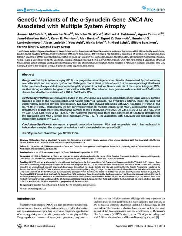 (PDF) Genetic Variants of the alpha-Synuclein Gene SNCA Are Associated ...