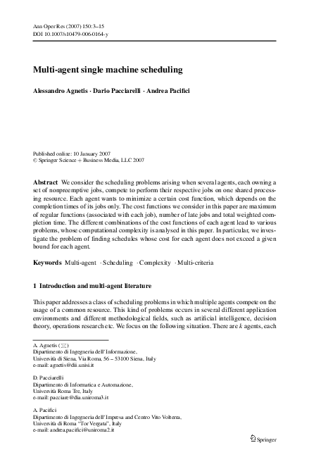 Pdf Multi Agent Single Machine Scheduling 