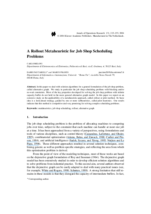 Pdf A Rollout Metaheuristic For Job Shop Scheduling Problems