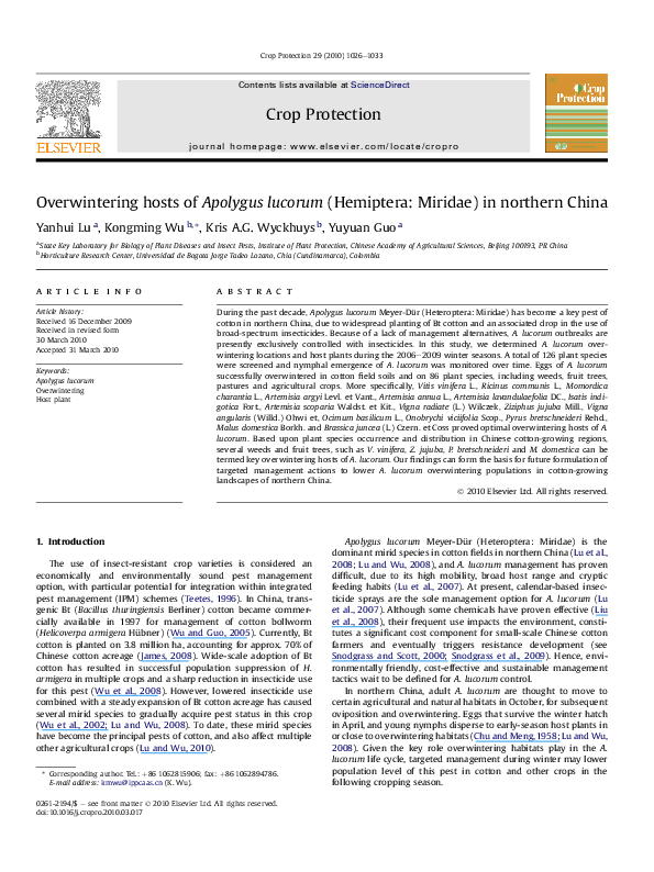 (PDF) Overwintering hosts of Apolygus lucorum (Hemiptera: Miridae) in northern China