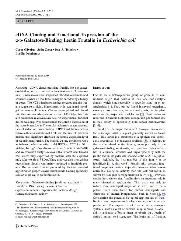 (PDF) cDNA Cloning and Functional Expression of the α- d -Galactose-Binding Lectin Frutalin in ...