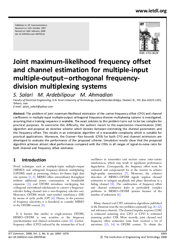 (PDF) Joint maximum-likelihood frequency offset and channel estimation for multiple-input ...