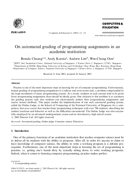 Pdf On Automated Grading Of Programming Assignments In An Academic Institution