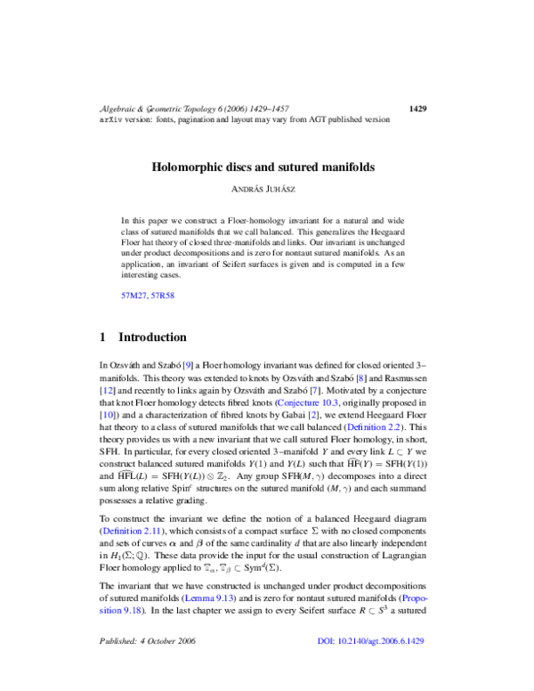 (PDF) Holomorphic discs and sutured manifolds