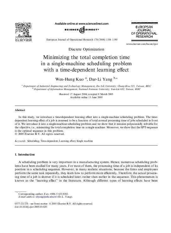 Pdf Minimizing The Total Completion Time In A Single Machine Scheduling Problem With A Time