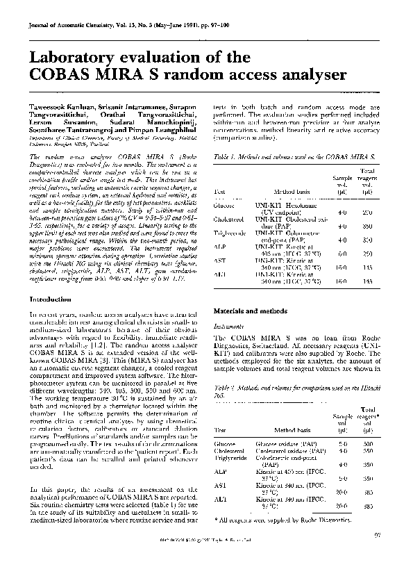 (PDF) Laboratory evaluation of the COBAS MIRA S random access analyser