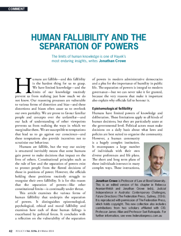 (PDF) Human Fallibility and the Separation of Powers