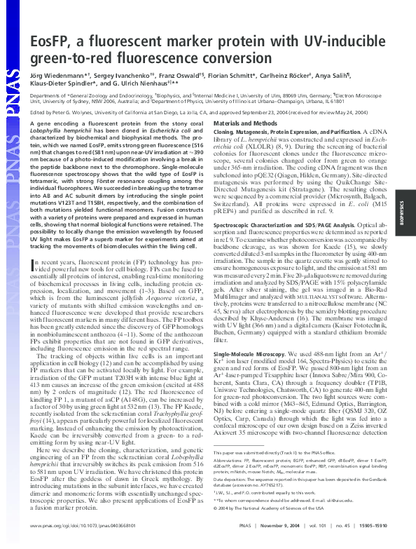 (PDF) EosFP, a fluorescent marker protein with UV-inducible green-to ...