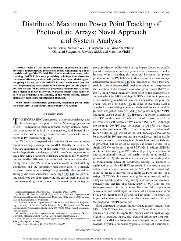 (PDF) Distributed Maximum Power Point Tracking of Photovoltaic Arrays: Novel Approach and System ...