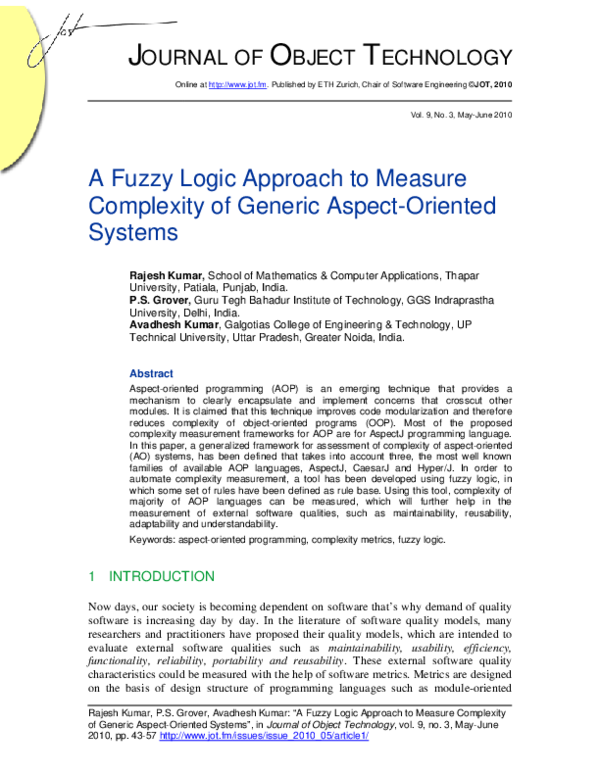 Pdf A Fuzzy Logic Approach To Measure Complexity Of Generic