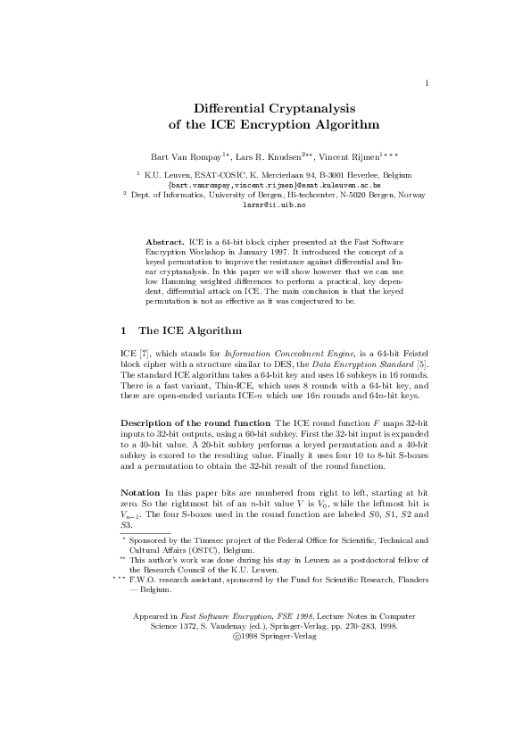 Pdf Differential Cryptanalysis Of The Ice Encryption Algorithm