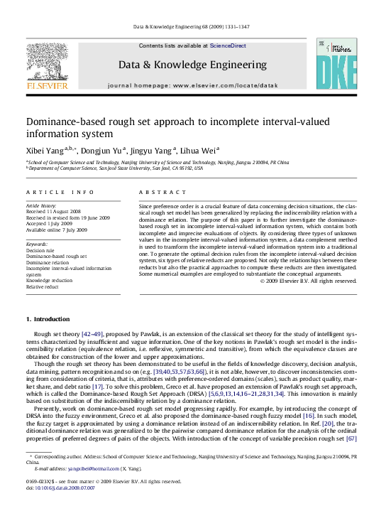 Pdf Dominance Based Rough Set Approach To Incomplete Interval Valued Information System