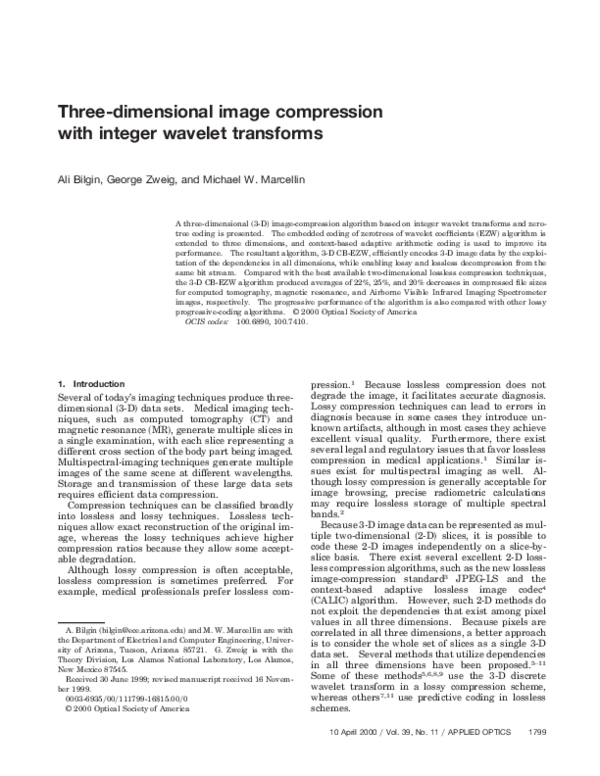 (PDF) Three-Dimensional Image Compression With Integer Wavelet Transforms