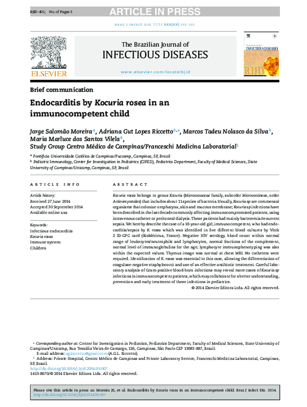 (PDF) Endocarditis by Kocuria rosea in an immunocompetent child