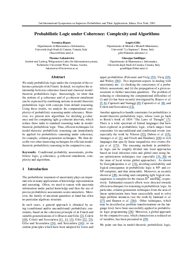 (PDF) Probabilistic Logic under Coherence: Complexity and Algorithms