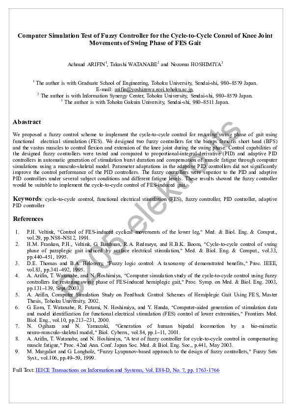 Pdf Computer Simulation Test Of Fuzzy Controller For The Cycle To Cycle Control Of Knee Joint