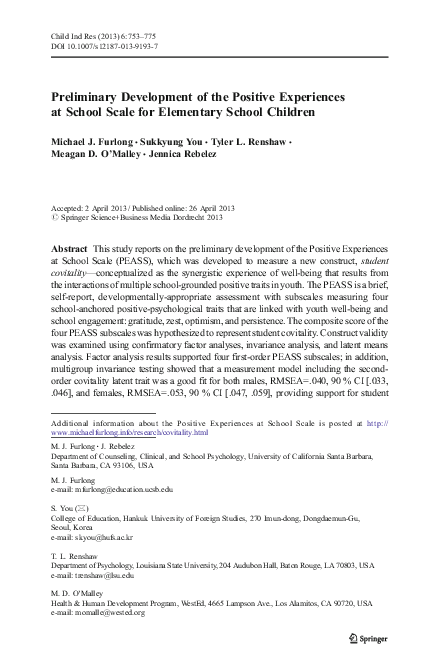 (PDF) Preliminary Development of the Positive Experiences at School ...