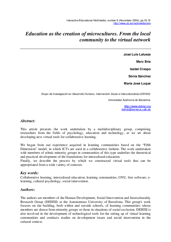 (PDF) Education as the creation of microcultures. From the local ...
