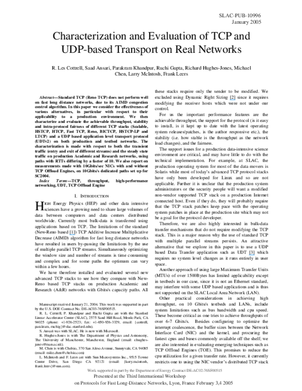 Pdf Characterization And Evaluation Of Tcp And Udp Based Transport On