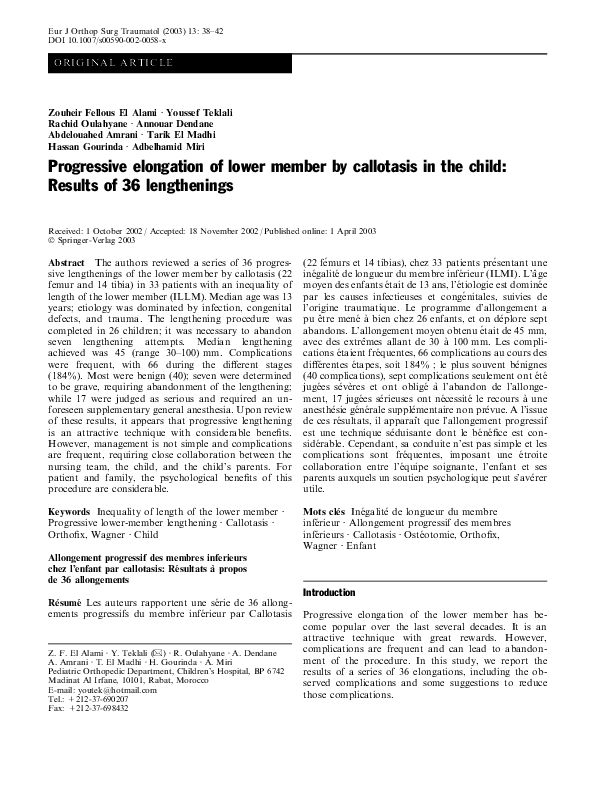 (PDF) Progressive elongation of lower member by callotasis in the child ...