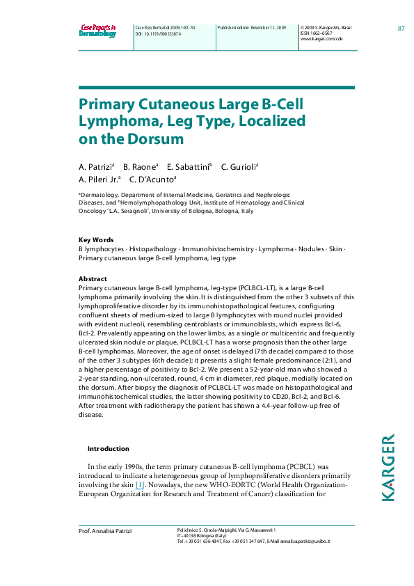 Primary Cutaneous Large B-Cell Lymphoma, Leg Type, Localized on the Dorsum