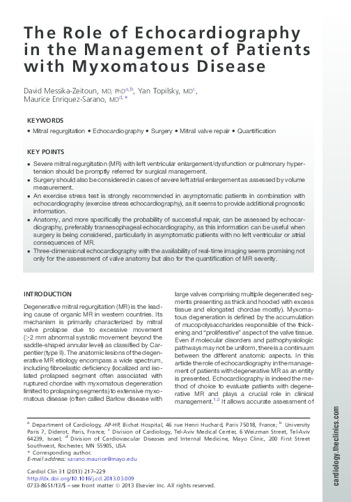 (PDF) The Role of Echocardiography in the Management of Patients with Myxomatous Disease