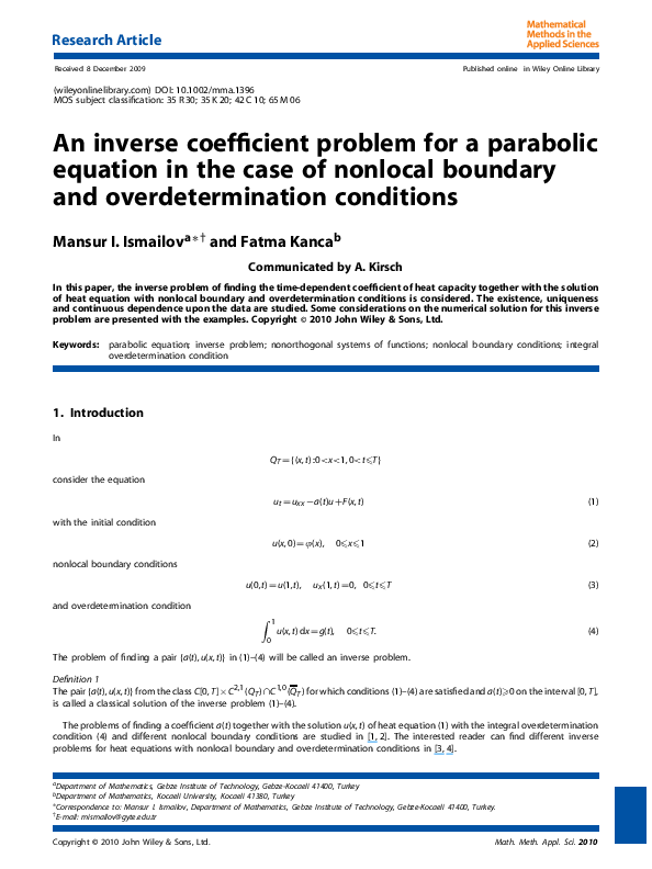 (PDF) An inverse coefficient problem for a parabolic equation in the case of nonlocal boundary ...
