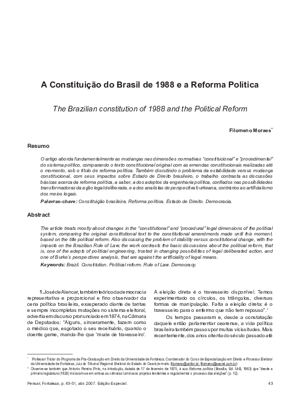 (PDF) The Brazilian constitution of 1988 and the Political Reform