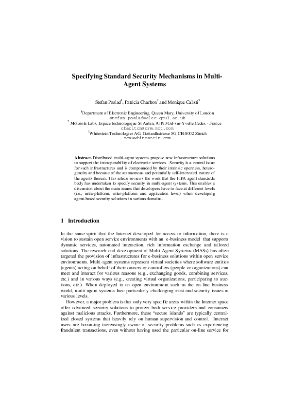 (PDF) Specifying Standard Security Mechanisms in Multi-agent Systems