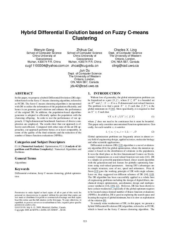 Pdf Hybrid Differential Evolution Based On Fuzzy C Means Clustering Gong Wenyin