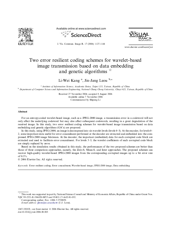 Pdf Two Error Resilient Coding Schemes For Wavelet Based Image Transmission Based On Data