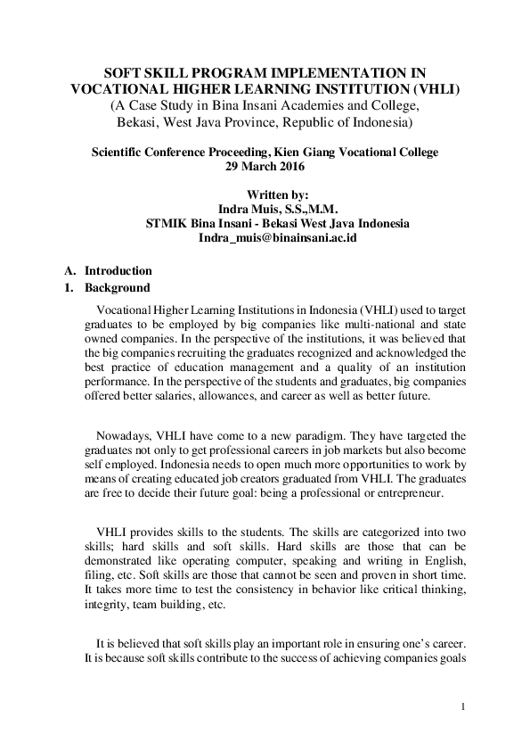 (PDF) SOFT SKILL PROGRAM IMPLEMENTATION IN VOCATIONAL HIGHER LEARNING INSTITUTION (VHLI): A Case ...