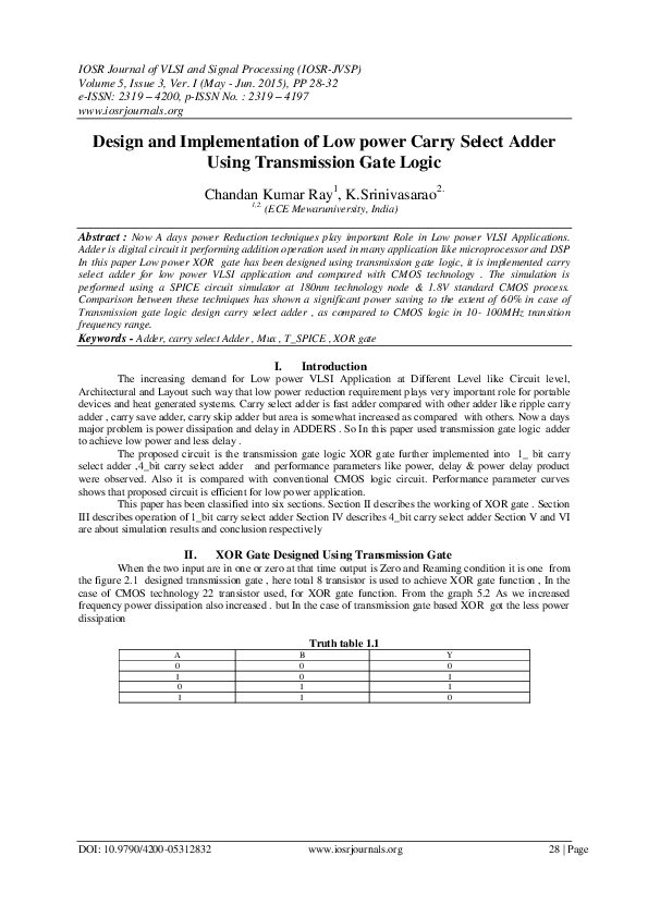 Pdf Design And Implementation Of Low Power Carry Select Adder Using Transmission Gate Logic