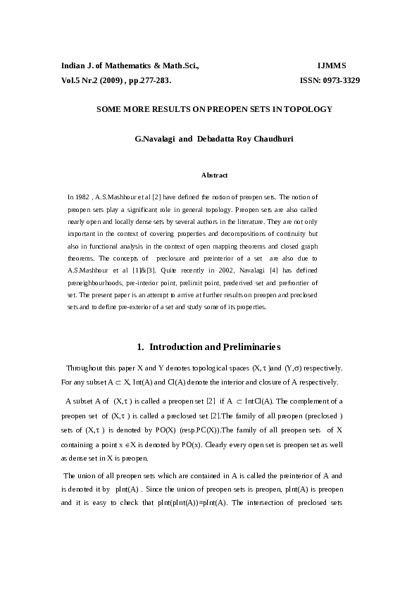 (PDF) Some More Results on Preopen Sets in Topology