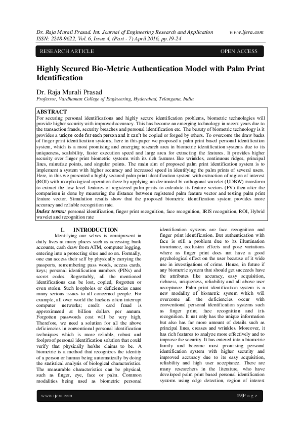 Pdf Highly Secured Bio Metric Authentication Model With Palm Print Identification