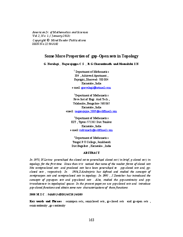 Pdf Some More Properties Of Gsp Closed Sets In Topology Govindappa