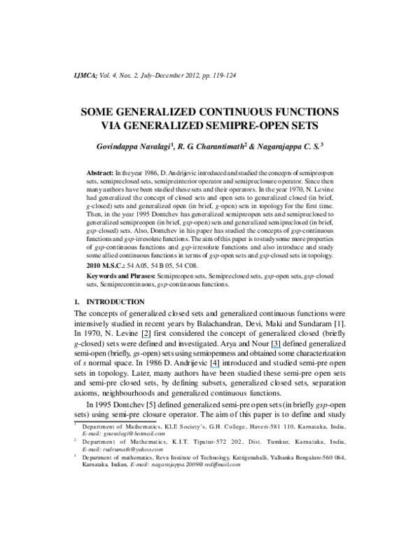 Pdf Some Generalized Continuous Functions Via Generalized Semipre
