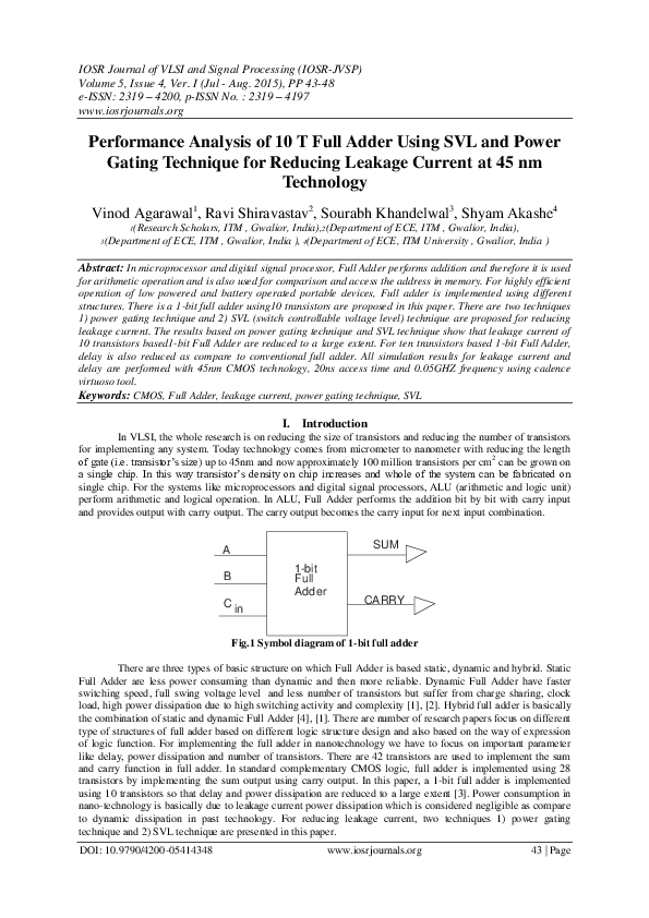 Pdf Performance Analysis Of 10 T Full Adder Using Svl And Power Gating Technique For Reducing
