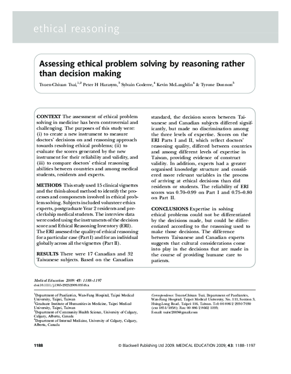 (PDF) Assessing ethical problem solving by reasoning rather than ...
