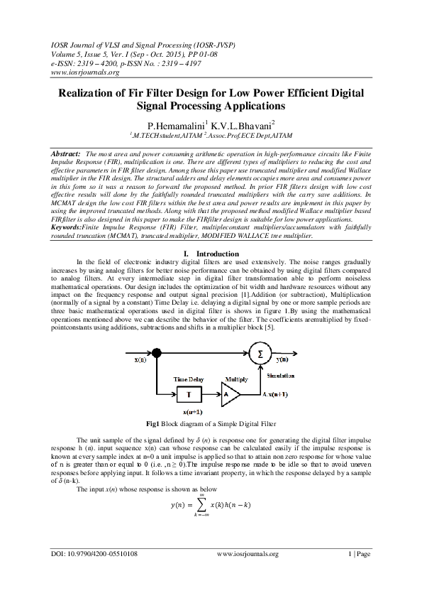 (PDF) Realization of Fir Filter Design for Low Power Efficient Digital ...