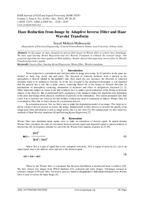 Pdf Haze Reduction From Image By Adaptive Inverse Filter And Haar