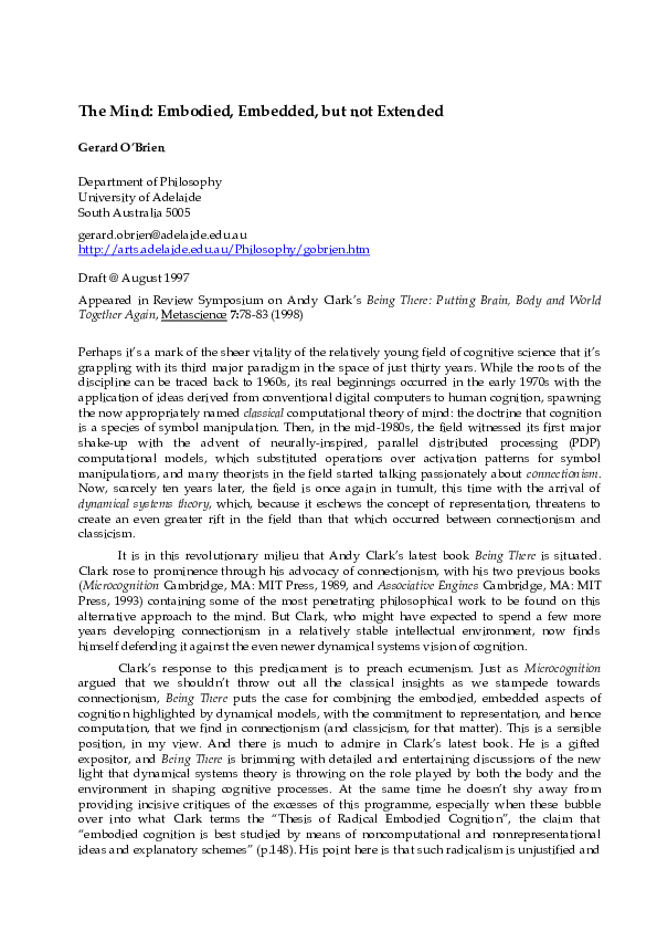 (PDF) The Mind: Embodied, Embedded, but not Extended