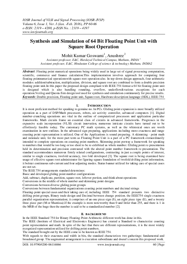 Pdf Synthesis And Simulation Of 64 Bit Floating Point Unit With Square Root Operation