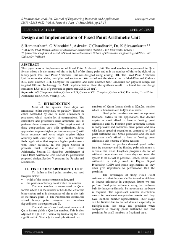 (PDF) Design and Implementation of Fixed Point Arithmetic Unit