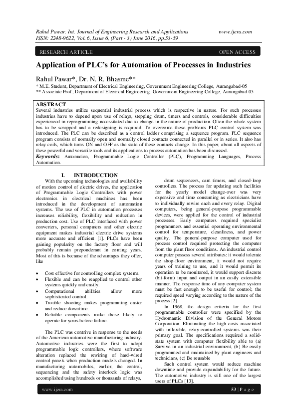 (PDF) Application of PLC's for Automation of Processes in Industries